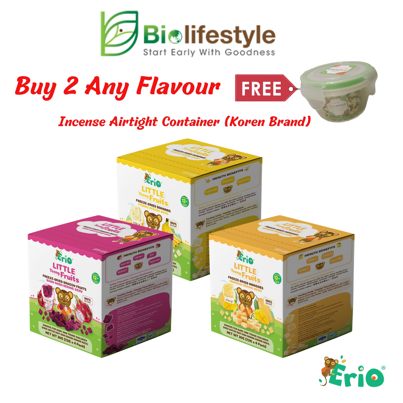 (Combo Pack Of 3) Erio Little Teeny Fruits Freeze-Dried Fruits 30g (4 ...